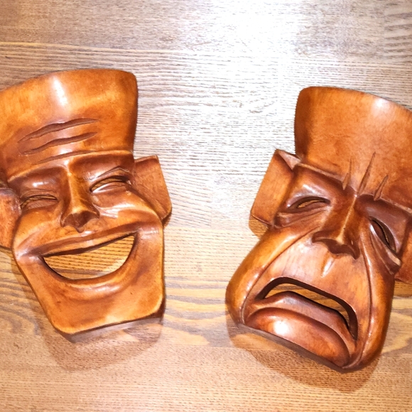 Wall Decor | Boho Vintage Teak Wood Carved Comedy Tragedy Masks Plaque ...